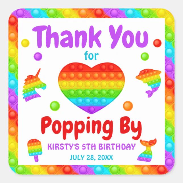 Rainbow Pop It Fidget Toy Birthday Party Square Sticker | Zazzle