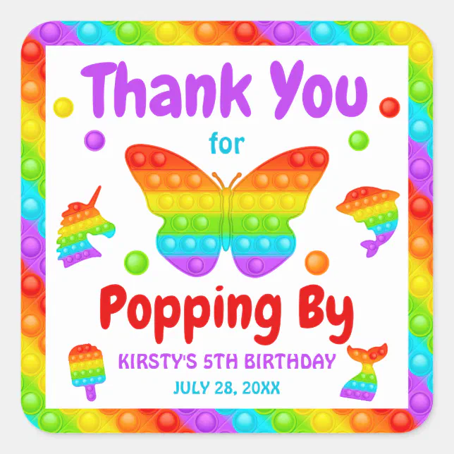 Rainbow Pop It Fidget Toy Birthday Party Square Sticker | Zazzle