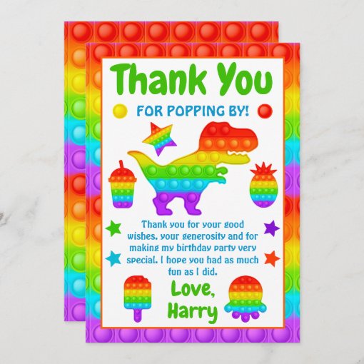 Rainbow Pop It Fidget Toy Birthday Party Thank You Card | Zazzle