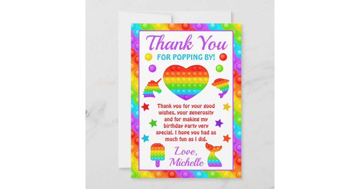 Rainbow Pop It Fidget Toy Birthday Party Thank You Card | Zazzle