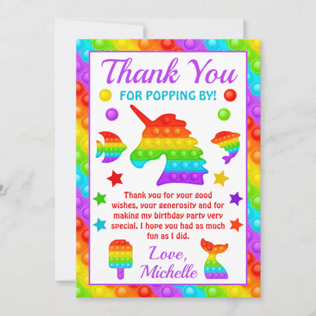 Rainbow Pop It Fidget Toy Birthday Party Thank You Card | Zazzle