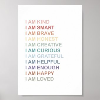 Rainbow Positive Affirmations For Kids Nursery Poster | Zazzle