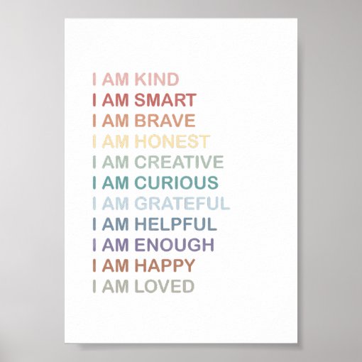 Rainbow Positive Affirmations For Kids Nursery Poster | Zazzle