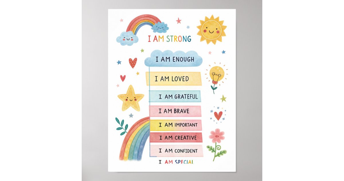 Rainbow Positive Affirmations Poster for Kids | Zazzle