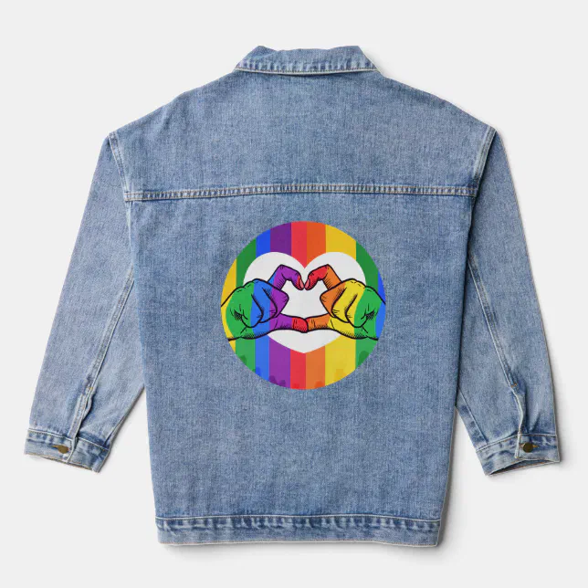 Rainbow Pride Flag Heart Hands Denim Jacket | Zazzle