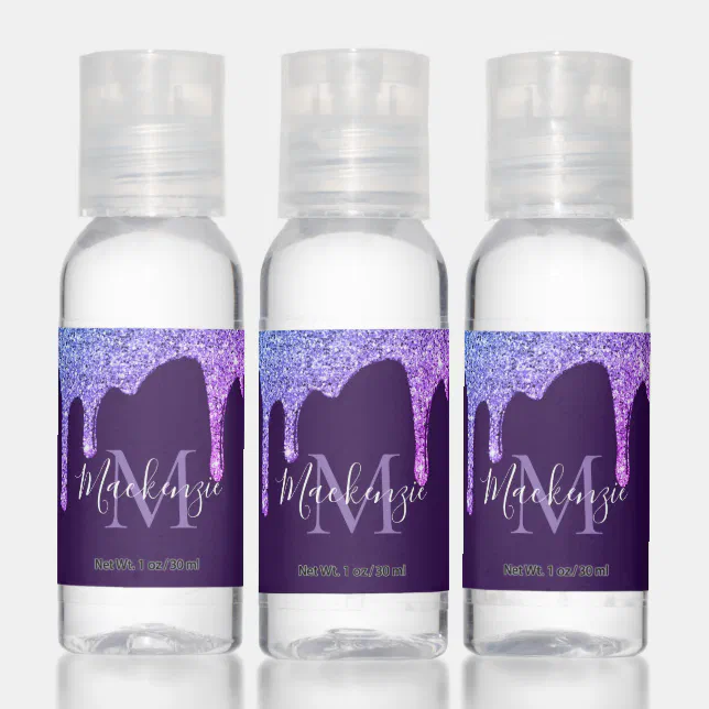 Rainbow Purple Sparkle Glitter Drips Monogram Hand Sanitizer | Zazzle