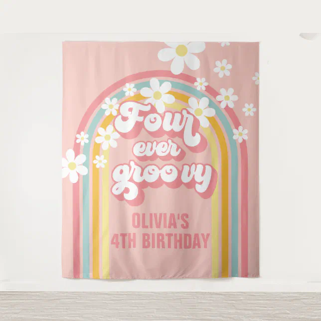 Rainbow Retro Four Ever Groovy 4TH Birthday Tapestry | Zazzle