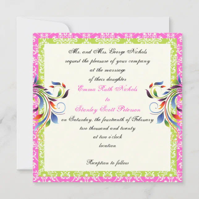 Rainbow scroll leaf damask wedding invitation | Zazzle
