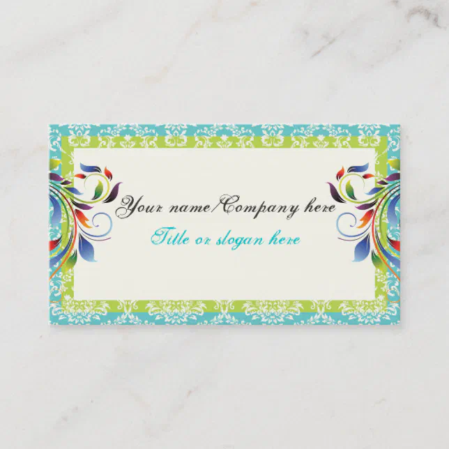 Rainbow scroll leaf lime turquoise damask borders business card | Zazzle