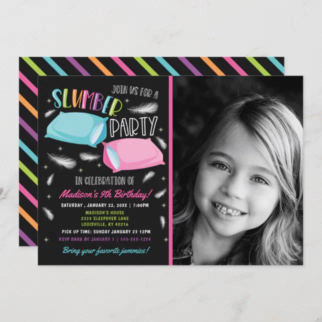 Rainbow Slumber Party Sleepover Photo Birthday Invitation | Zazzle