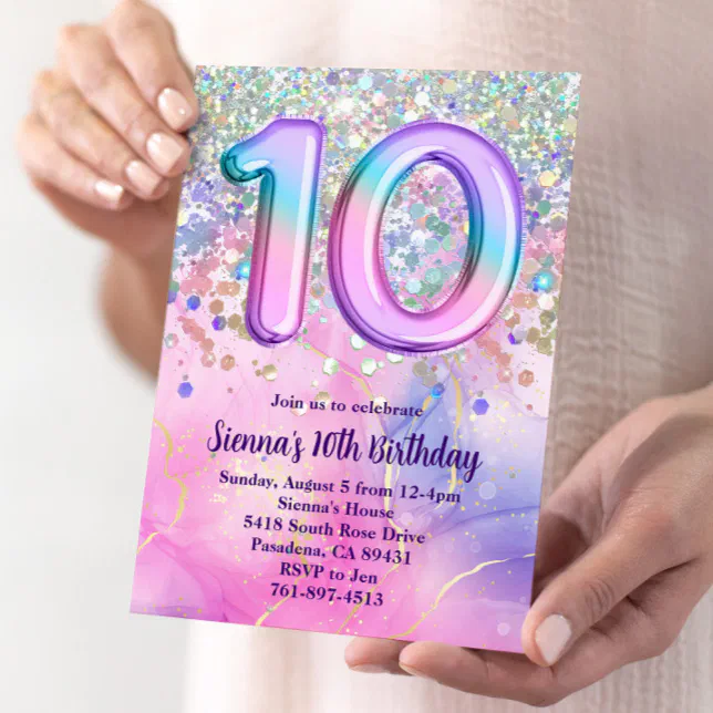 Rainbow Sparkle Glitter 10th Birthday Party Invitation | Zazzle
