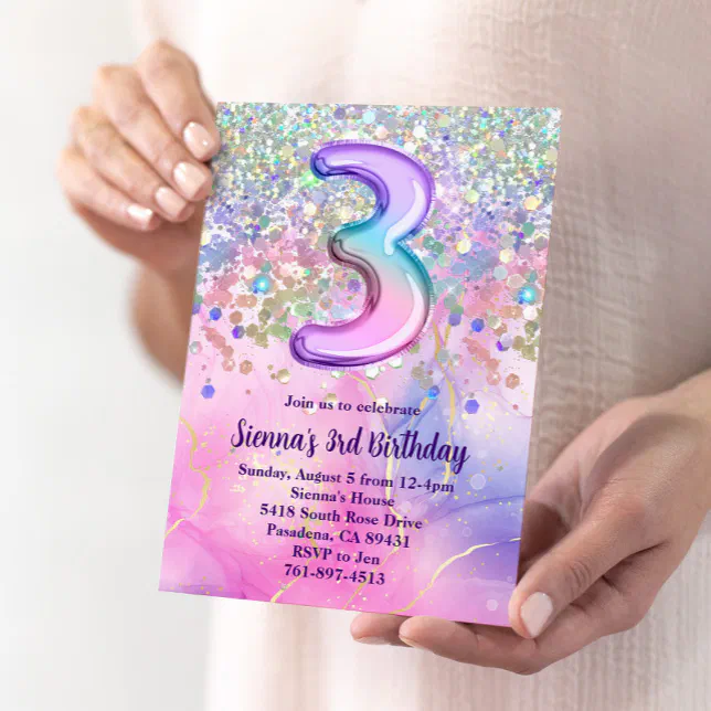 Rainbow Sparkle Glitter 3rd Birthday Party Invitation | Zazzle