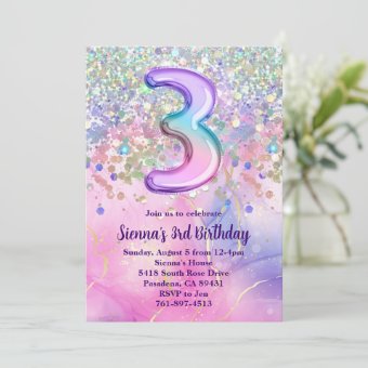 Rainbow Sparkle Glitter 3rd Birthday Party Invitation | Zazzle