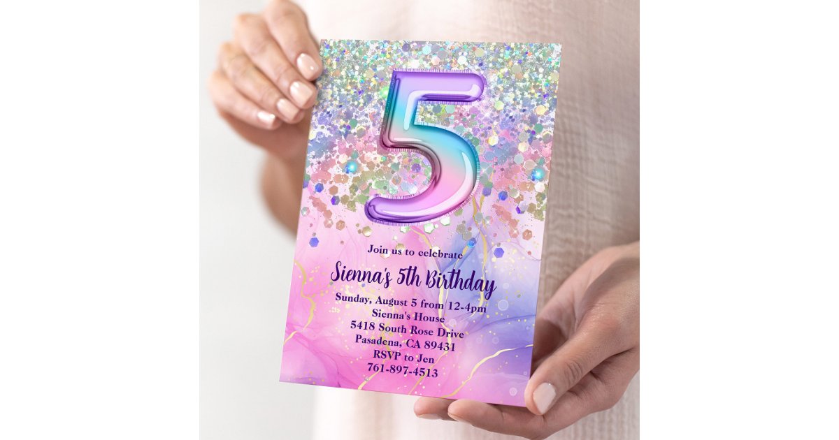 Rainbow Sparkle Glitter 5th Birthday Party Invitation | Zazzle