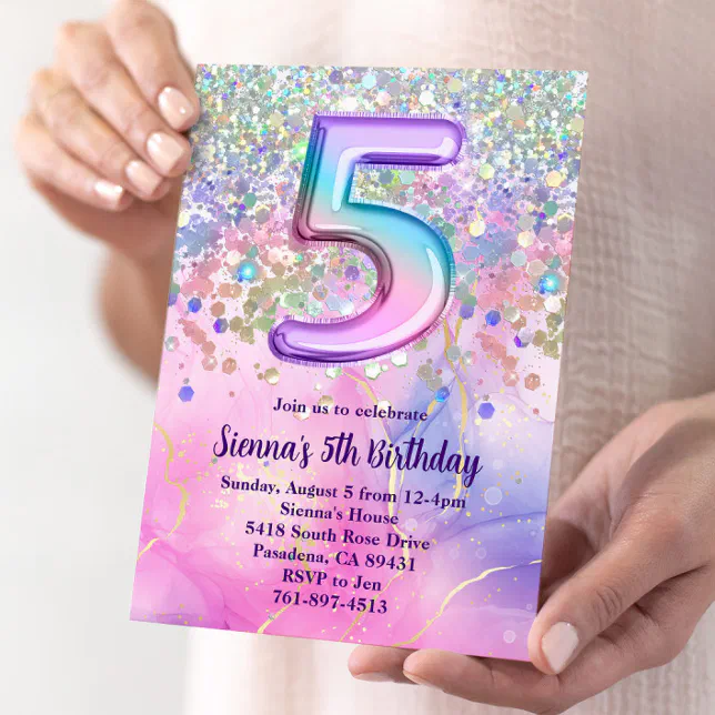Rainbow Sparkle Glitter 5th Birthday Party Invitation | Zazzle