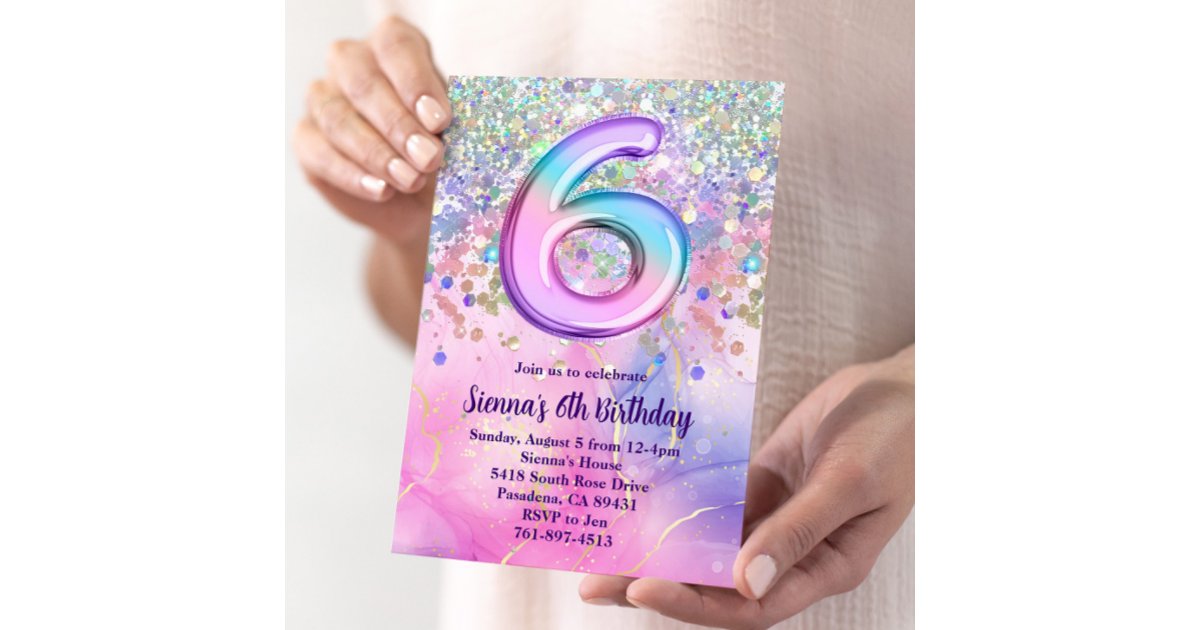Rainbow Sparkle Glitter 6th Birthday Party Invitation | Zazzle