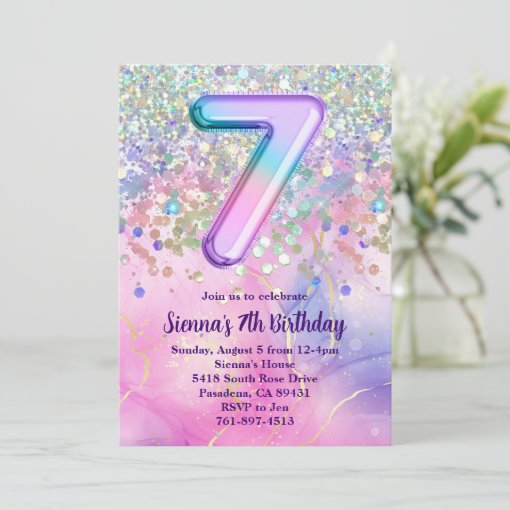 Rainbow Sparkle Glitter 7th Birthday Party Invitation | Zazzle