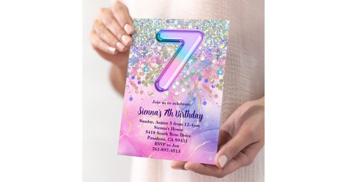 Rainbow Sparkle Glitter 7th Birthday Party Invitation | Zazzle