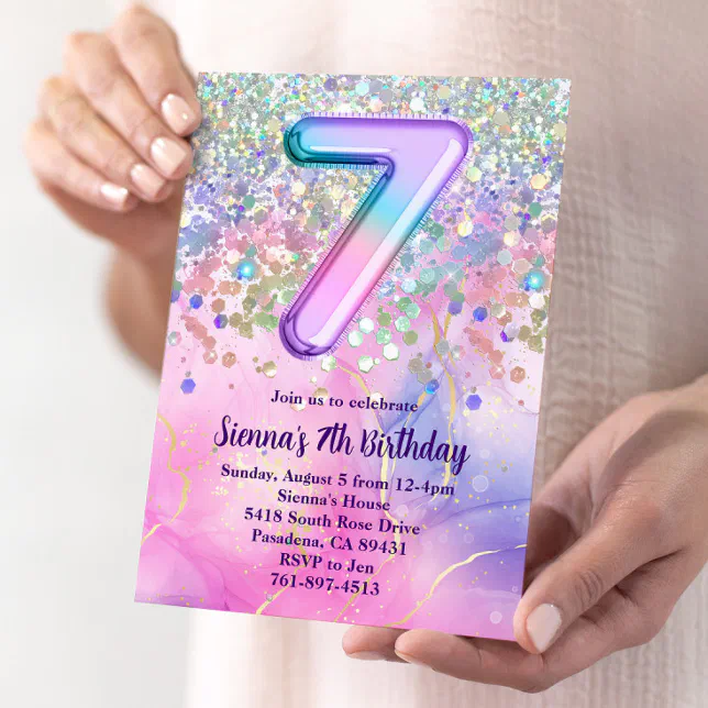 Rainbow Sparkle Glitter 7th Birthday Party Invitation | Zazzle