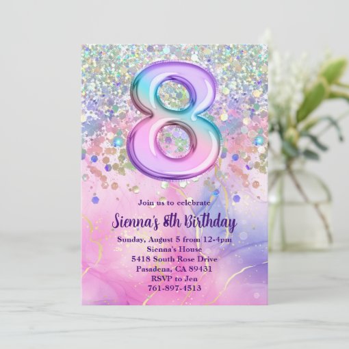 Rainbow Sparkle Glitter 8th Birthday Party Invitation | Zazzle