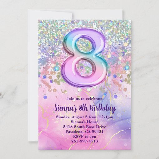 Rainbow Sparkle Glitter 8th Birthday Party Invitation | Zazzle