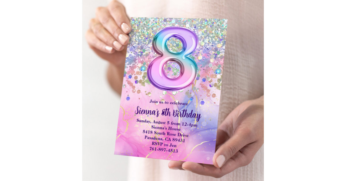Rainbow Sparkle Glitter 8th Birthday Party Invitation | Zazzle