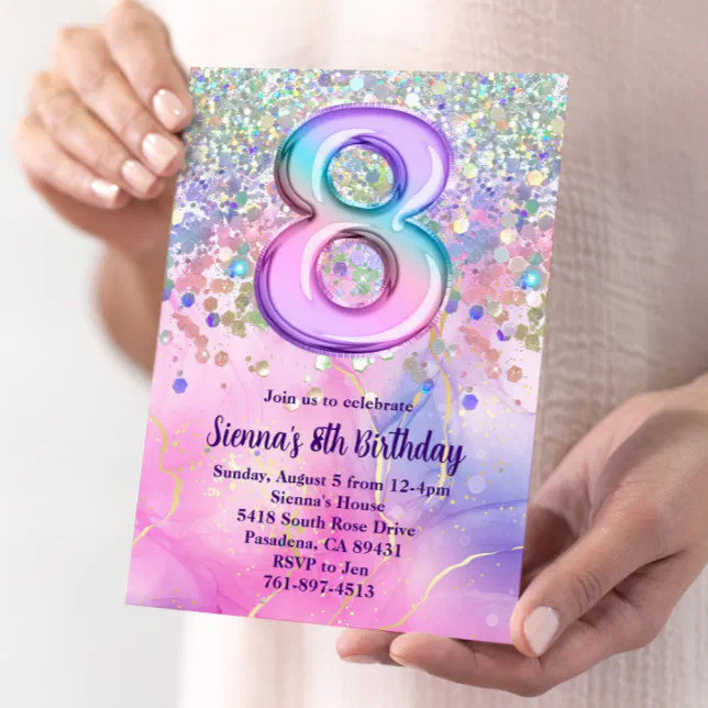 Rainbow Sparkle Glitter 8th Birthday Party Invitation | Zazzle
