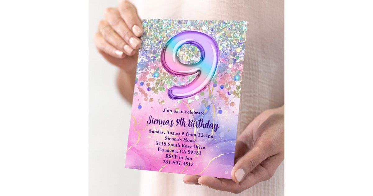 Rainbow Sparkle Glitter 9th Birthday Party Invitation | Zazzle