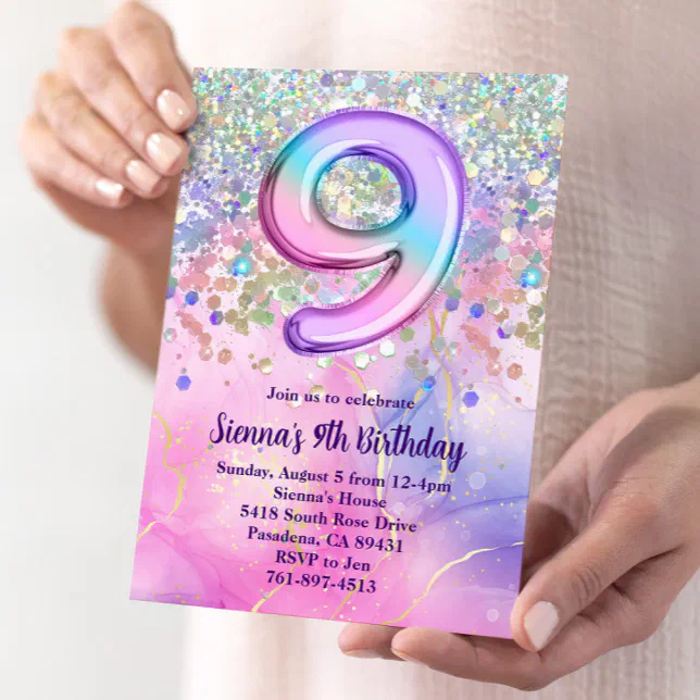 Rainbow Sparkle Glitter 9th Birthday Party Invitation | Zazzle
