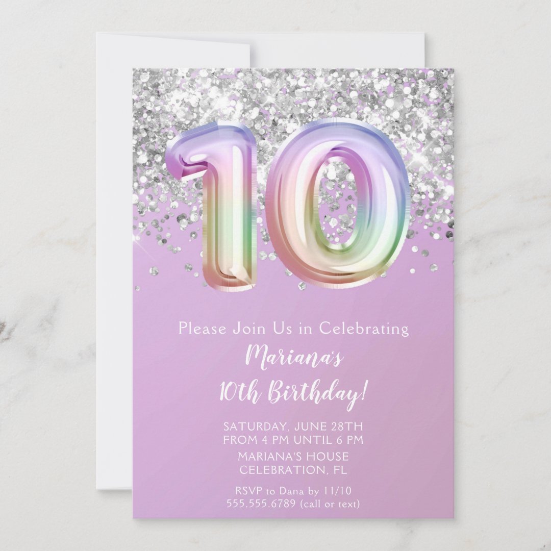 Rainbow Sparkle Glitter Girl 10th Birthday Party Invitation | Zazzle