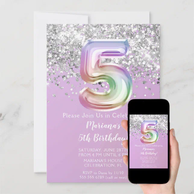 Rainbow Sparkle Glitter Girl 5th Birthday Party In Invitation | Zazzle