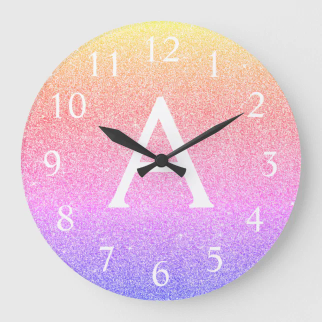 Rainbow Sparkle Glitter Monogram Name Large Clock | Zazzle