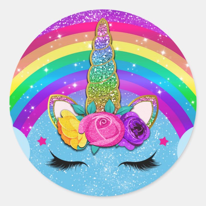 Rainbow Sparkle Glittery Unicorn Horn Face Party Classic Round Sticker ...