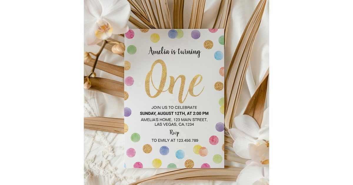 Rainbow Spot 1st Birthday Invitation Polka Dots | Zazzle
