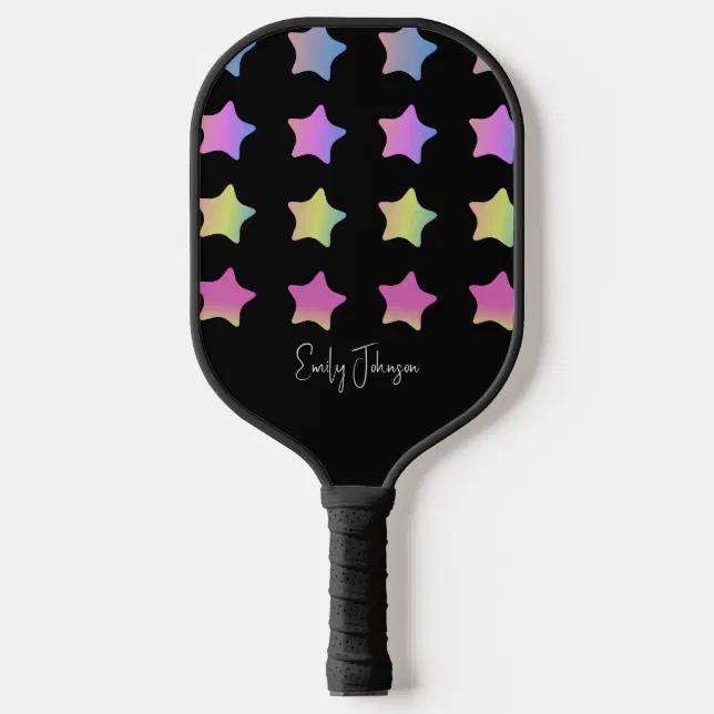 Rainbow Stars Gradient Black Script Name Pickleball Paddle | Zazzle
