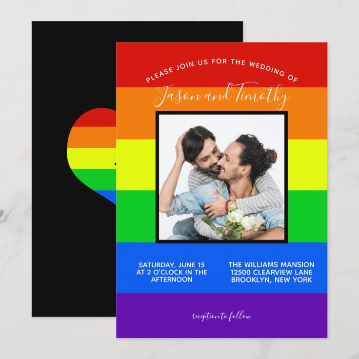Rainbow Striped LGBTQ Couple Photo Gay Wedding Invitation | Zazzle