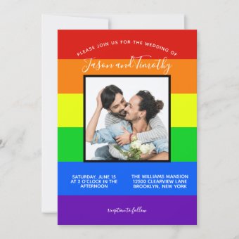 Rainbow Striped LGBTQ Couple Photo Gay Wedding Invitation | Zazzle