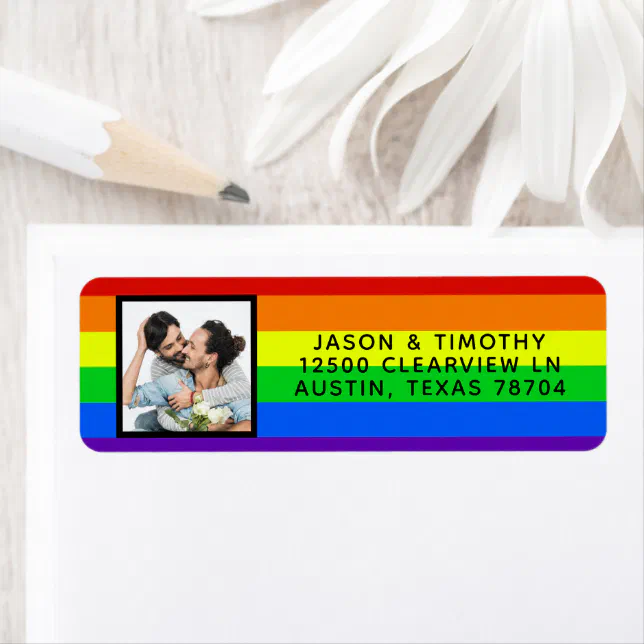 Rainbow Striped Photo LGBTQ Gay Pride Wedding Label | Zazzle