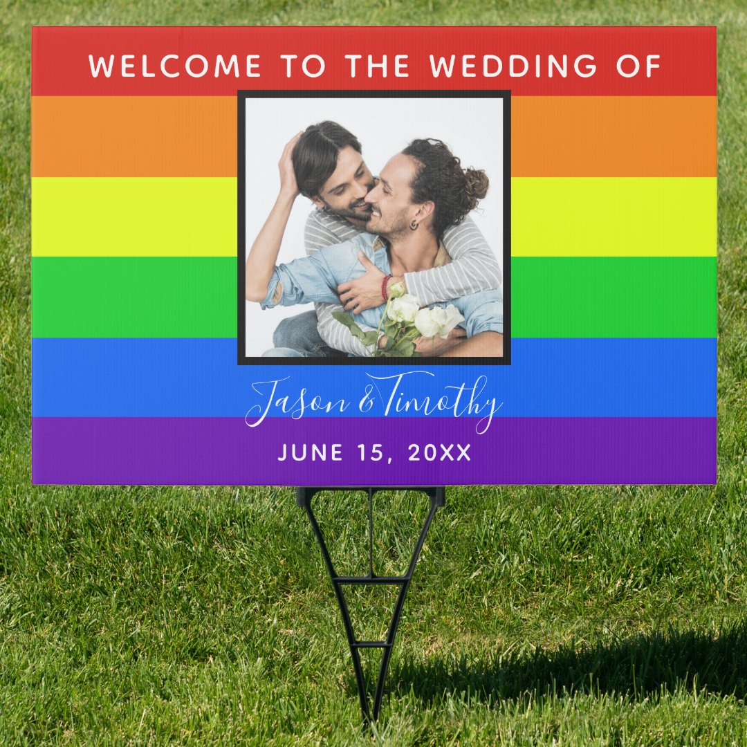 Rainbow Striped Photo LGBTQ Wedding Large Yard Sign | Zazzle