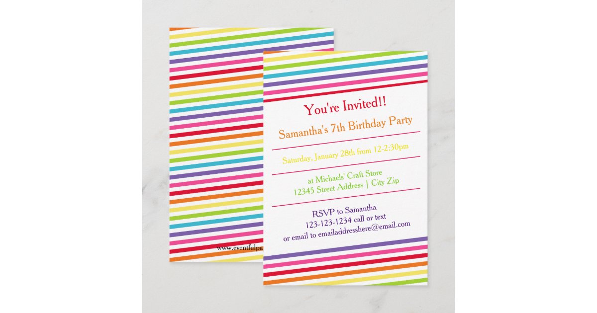 Rainbow Stripes Birthday Party - 3x5 Invitation | Zazzle