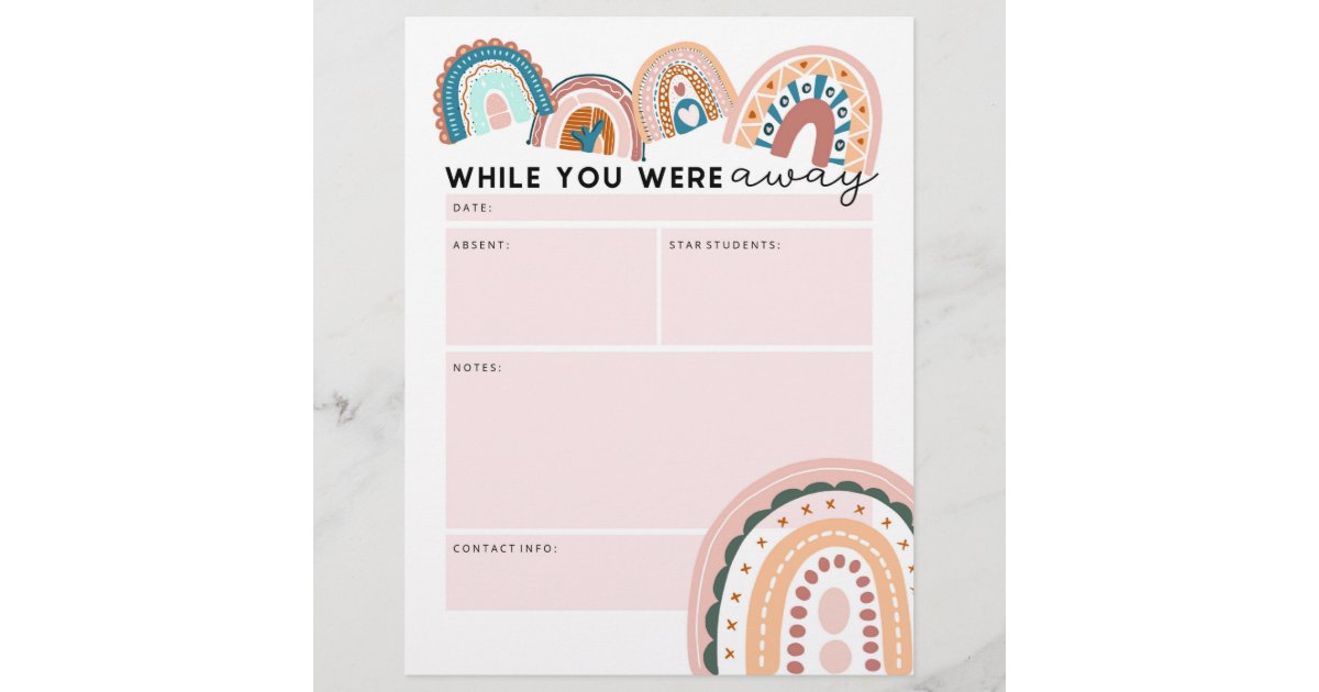 Rainbow Substitute Teacher While You Were Away Letterhead | Zazzle