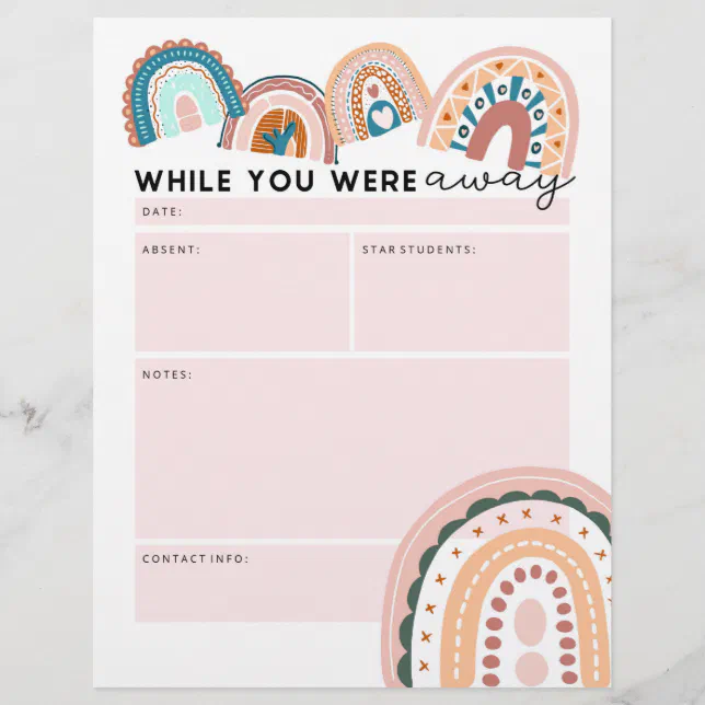Rainbow Substitute Teacher While You Were Away Letterhead | Zazzle