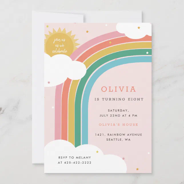 Rainbow, Sun and Clouds Kid's birthday Bright Pink Invitation | Zazzle