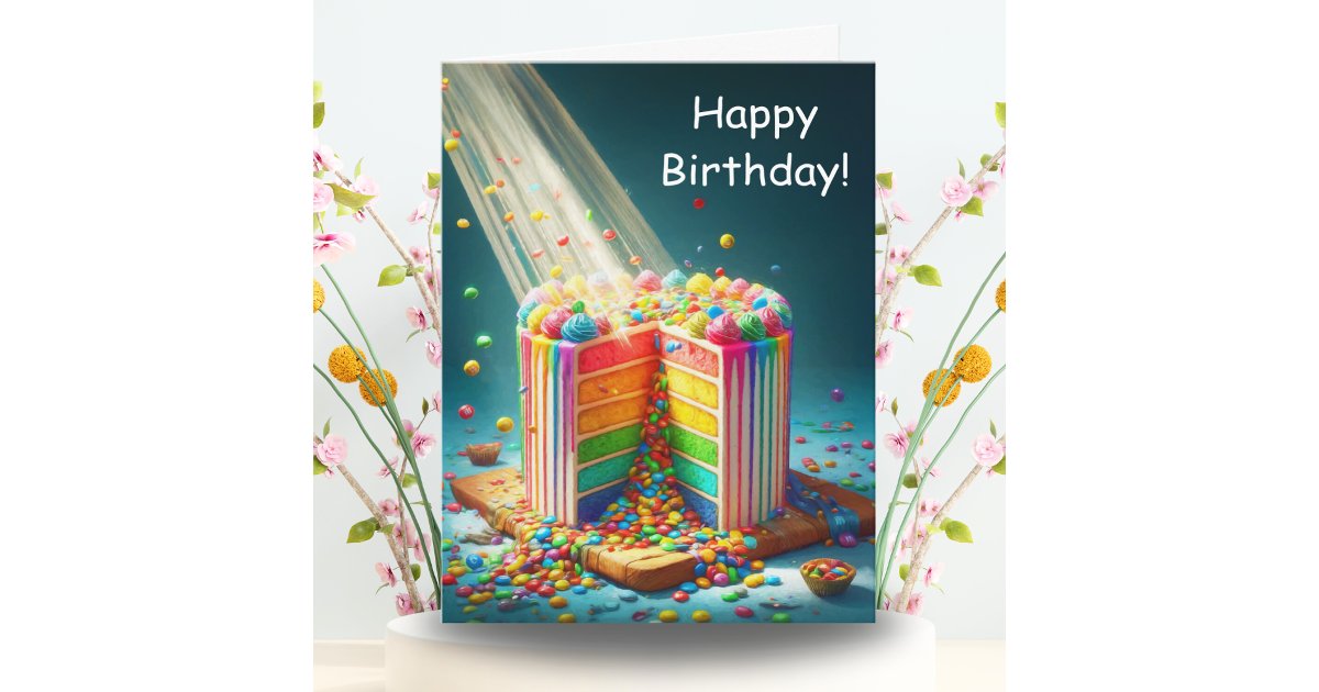 Rainbow Surprise Birthday Cake Card | Zazzle