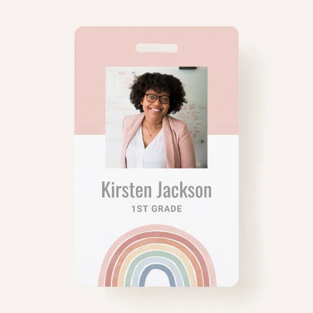 Rainbow Teacher Name Tag Photo ID Badge | Zazzle