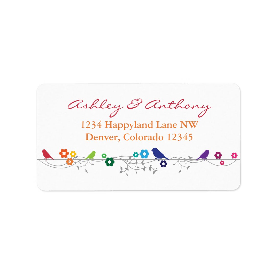 Rainbow Theme Birds Flowers Wedding Return Address Label | Zazzle
