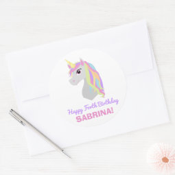 Rainbow Unicorn Birthday Custom Name Age Sticker | Zazzle