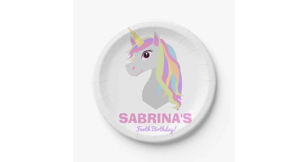 Rainbow Unicorn Birthday Custom Name Paper Plates | Zazzle