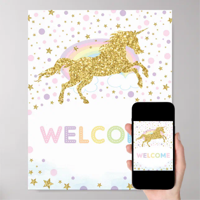 Rainbow Unicorn Birthday Party Baby Shower Welcome Poster | Zazzle