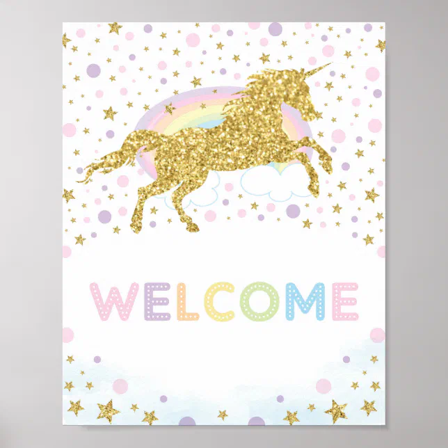 Rainbow Unicorn Birthday Party Baby Shower Welcome Poster | Zazzle